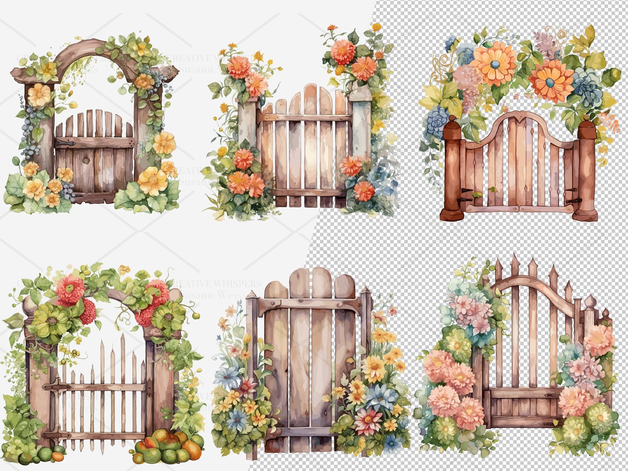 24 Watercolor Vintage Gate Floral, Flowers, SVG, PNG, Commercial Use ...