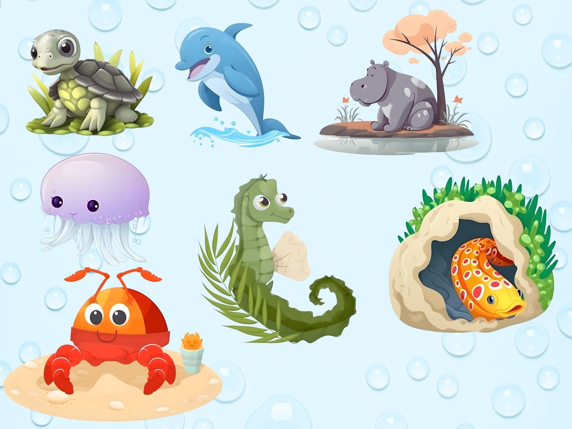 Sea Animal Clipart Set - Cute Underwater Creatures PNG - Ocean Life ...