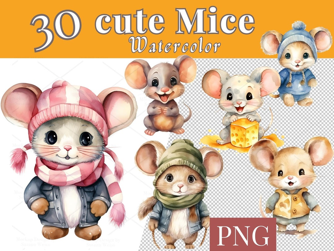 Digital Set of 30 Watercolor Cute Mouse PNG, Sticker Clipart Cute Mouse ...