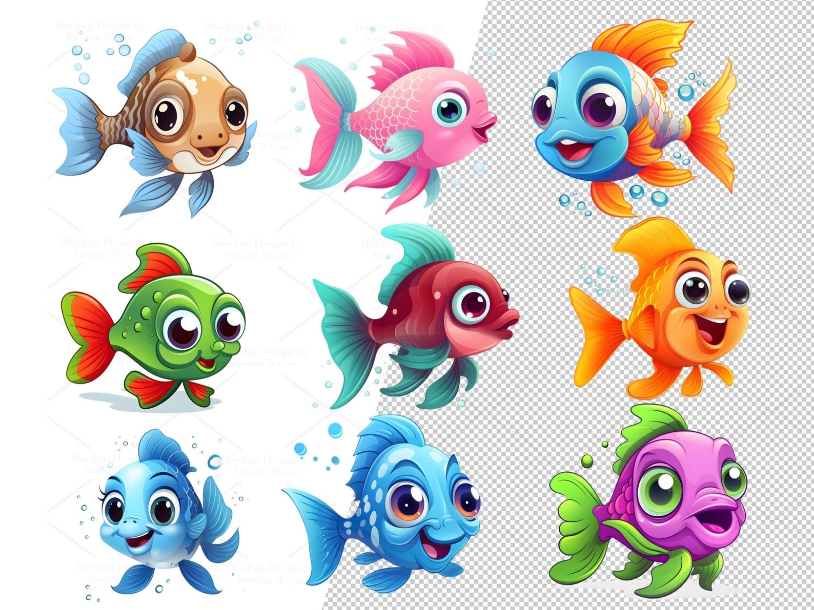 54 Digital Cute Fish Clip Art Set, Cute Fish Sticker, Fish Colorful PNG ...