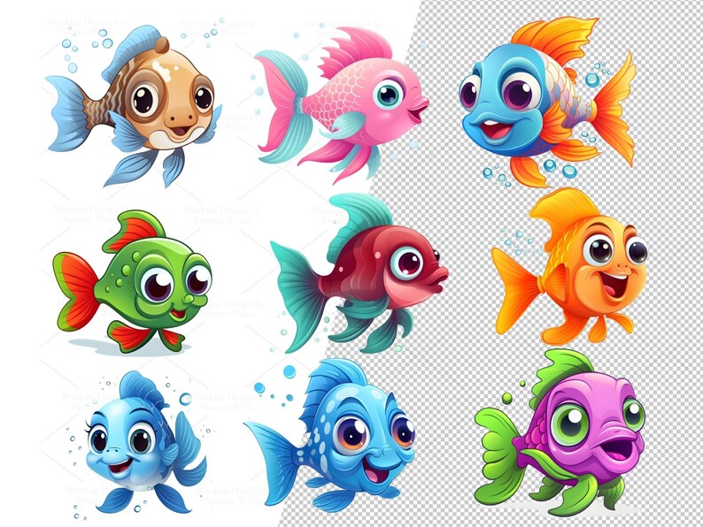 54 Digital Cute Fish Clip Art Set, Cute Fish Sticker, Fish Colorful PNG ...