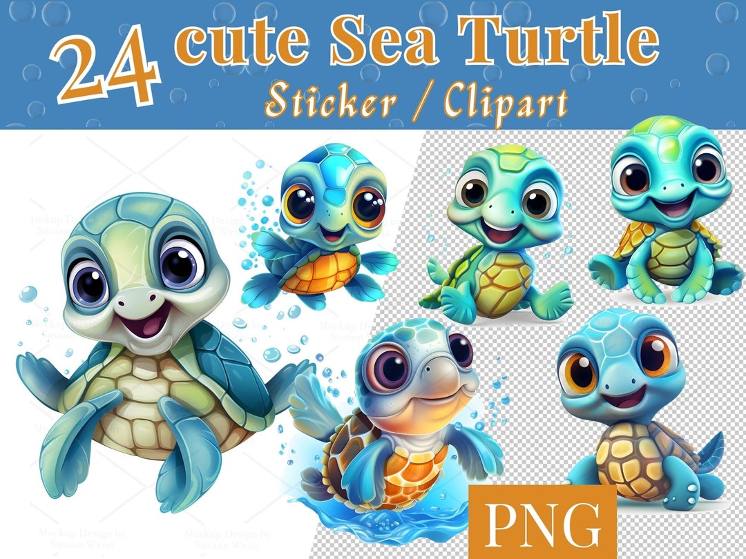 24 Digital Cute Sea Turtle Clip Art Set, Cute Sea Turtle Sticker, Cute ...