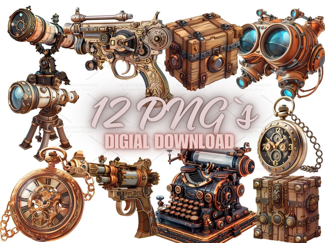Steampunk Objects Elements Illustration Clipart Sticker Bundle 12 High ...