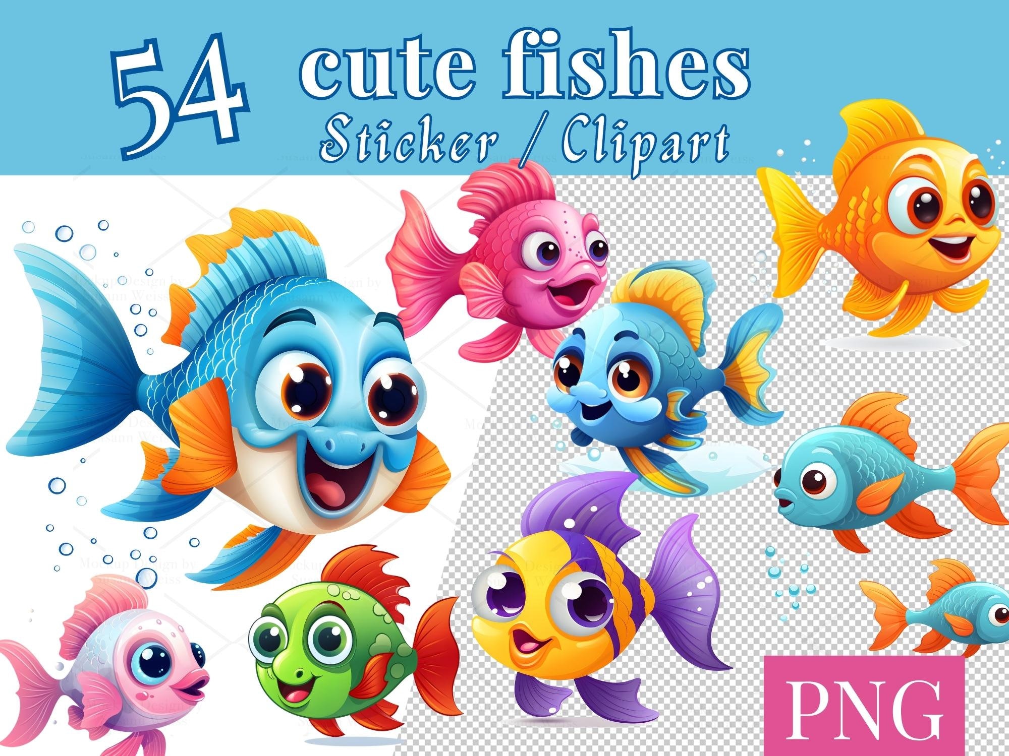 54 Digital Cute Fish Clip Art Set, Cute Fish Sticker, Fish Colorful PNG ...