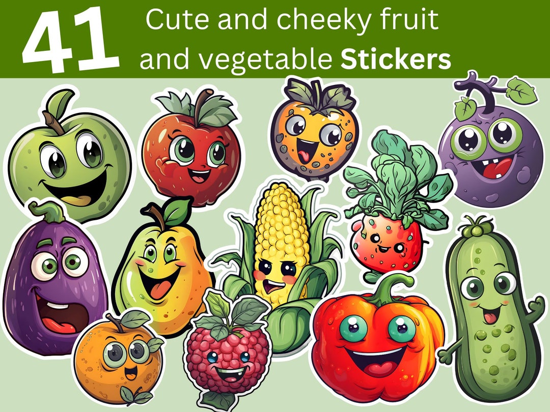 Sticker Set of 41 Cheerful Fruit and Vegetable Stickers, Sublimation ...