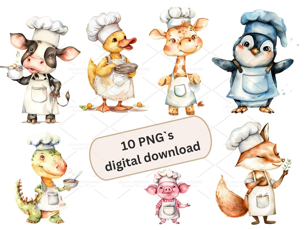 Cute Animal Cook Illustration Clipart Bundle- 10 High Quality Pngs ...