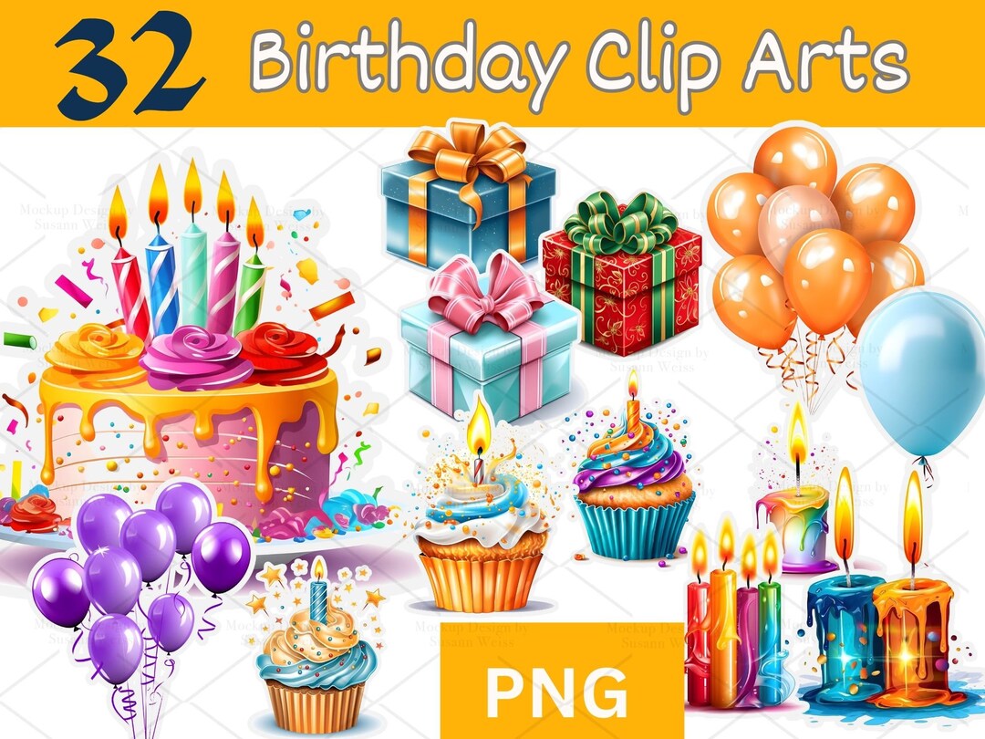 32 Digital Clipart Set With Birthday Clip Arts, Birthday Sticker Set ...