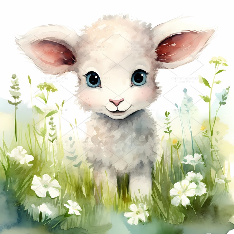 Baby Sheep, Lamb Meadow Vintage Watercolor Clipart Bundle 10 High ...