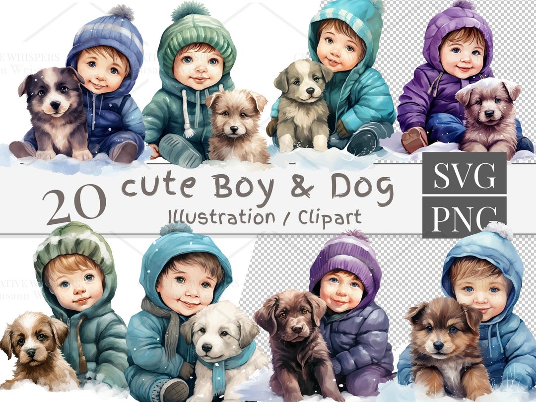 20 Cute Boy With Dog Stickers, Clipart - Digital Downloads With ...