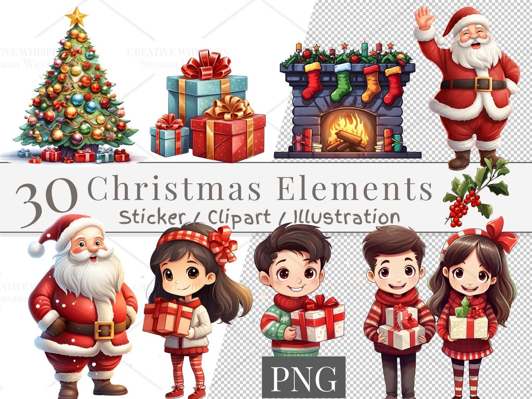 30 Digital Cute Christmas Clip Art Set, Cute Christmas Sticker ...