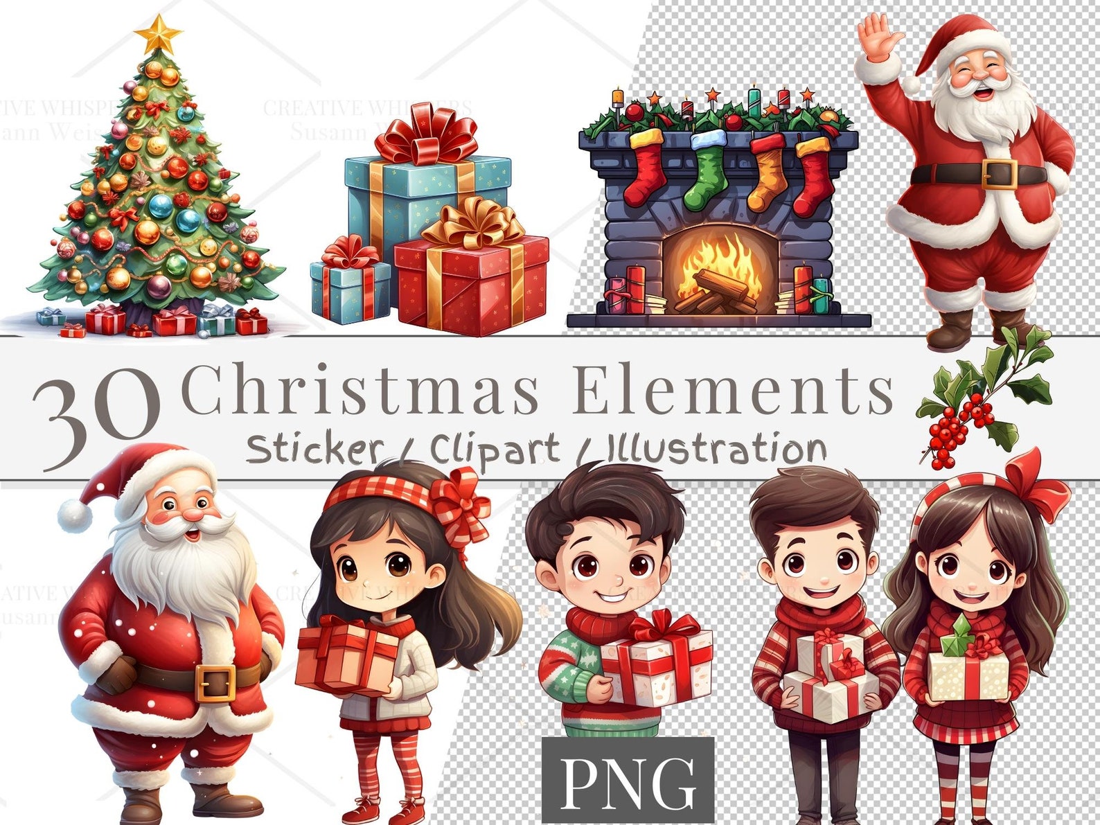30 Digital Cute Christmas Clip Art Set, Cute Christmas Sticker ...