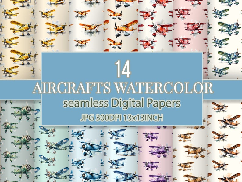 14 Aircrafts Seamless Pattern Digital Paper - A Collection of Airplane ...