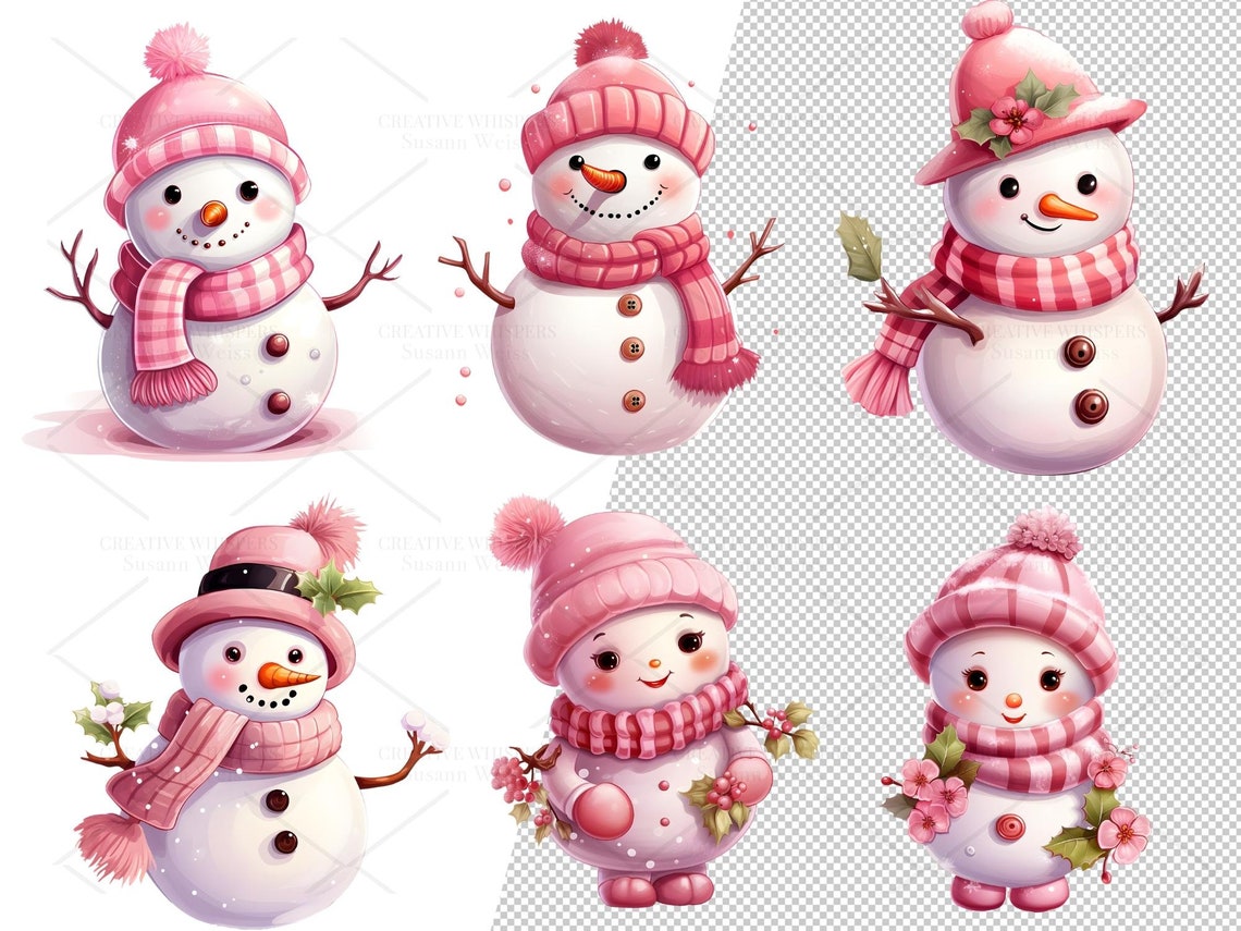 Digital Set of 24 Watercolor Cute Snowman PNG, Sticker Clipart Cute ...