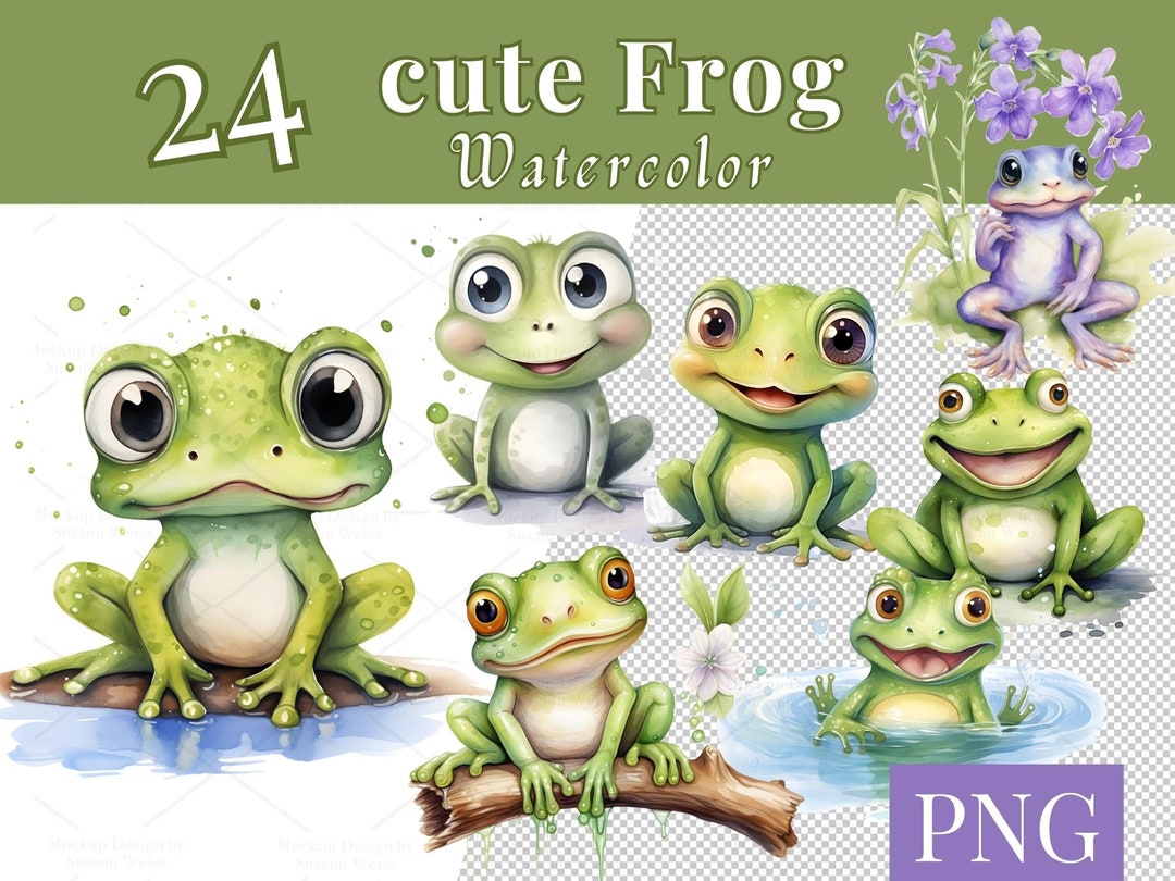 24 Digital Watercolor Cute Frog Clip Art Set, Cute Frog Sticker, Shirt ...