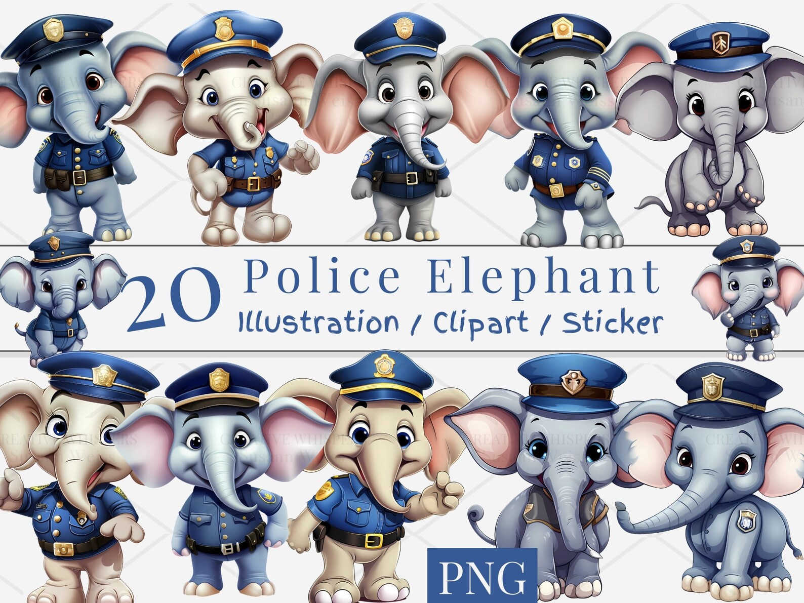 20 Police Elephant Clipart Set – Cute Officer Elephants in Uniform ...