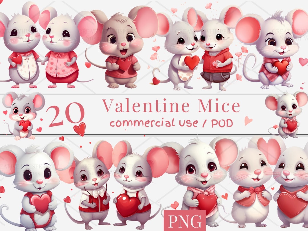 20 Valentine Mice Clipart Set, Valentine Mouse Sticker, Commercial Use ...