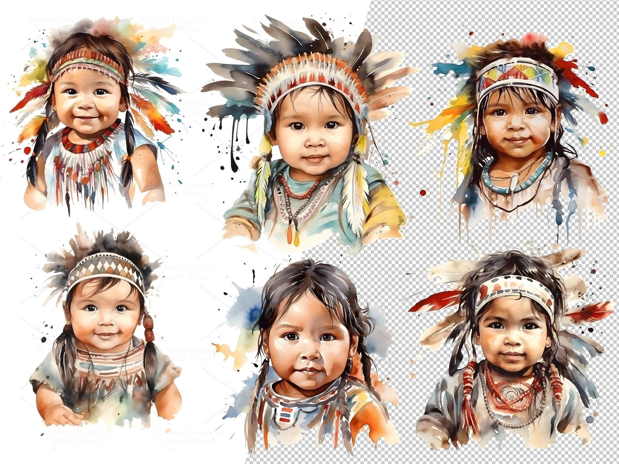 Digital Set of 32 Watercolor Cute Native American PNG, Sticker Clipart ...