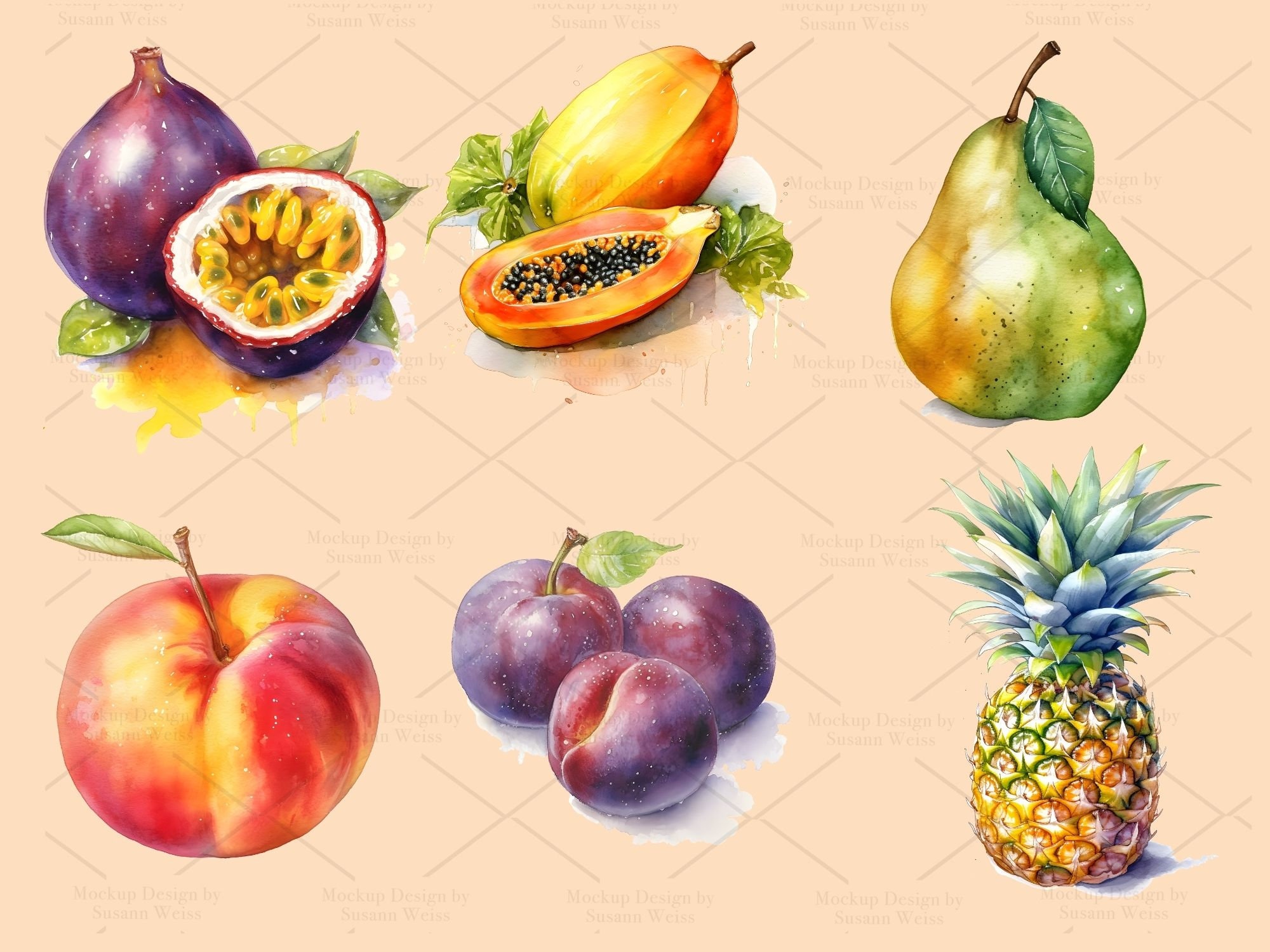 Digital Set of 29 Watercolor Fruits PNG Watercolor Fruits Set Healthy ...