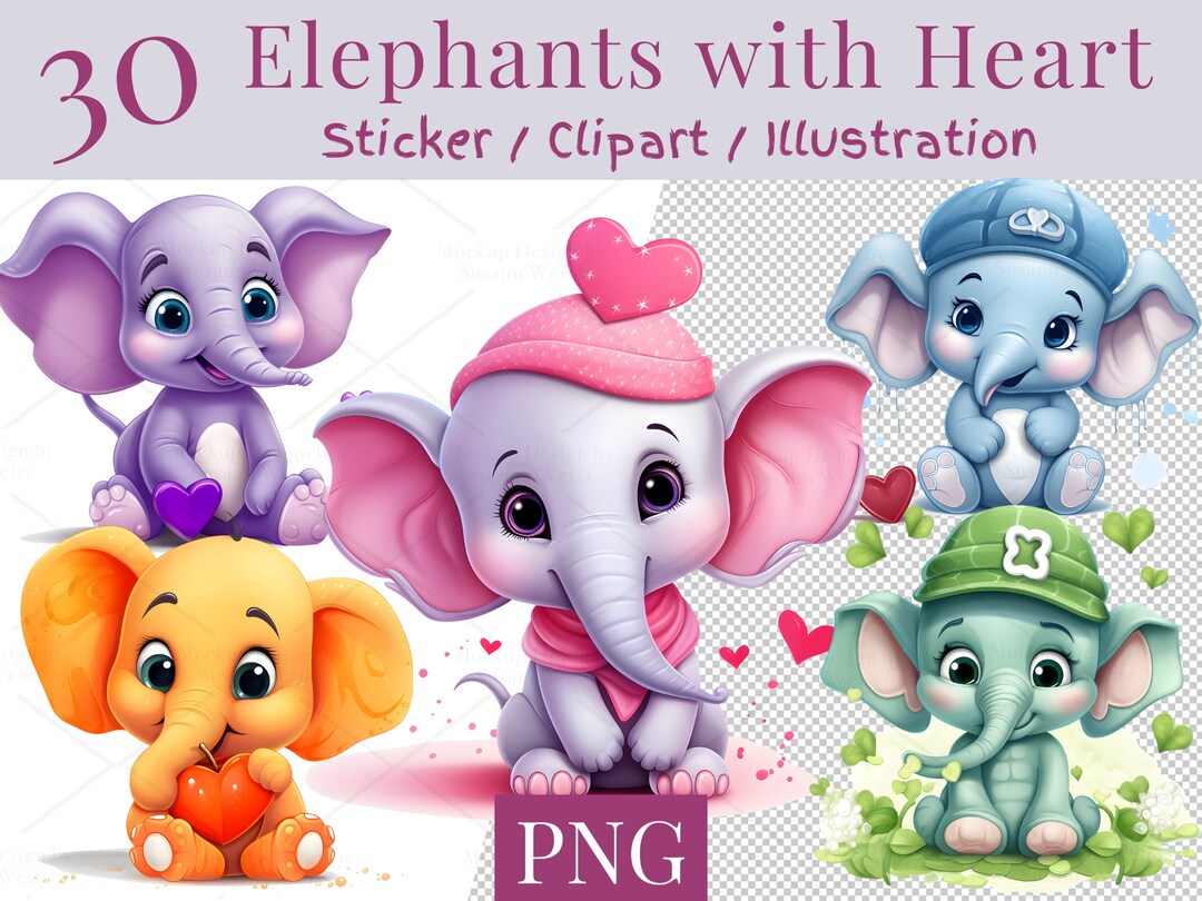 30 Digital Cute Elephant Clip Art Set, Cute Elephant Sticker, Cute ...