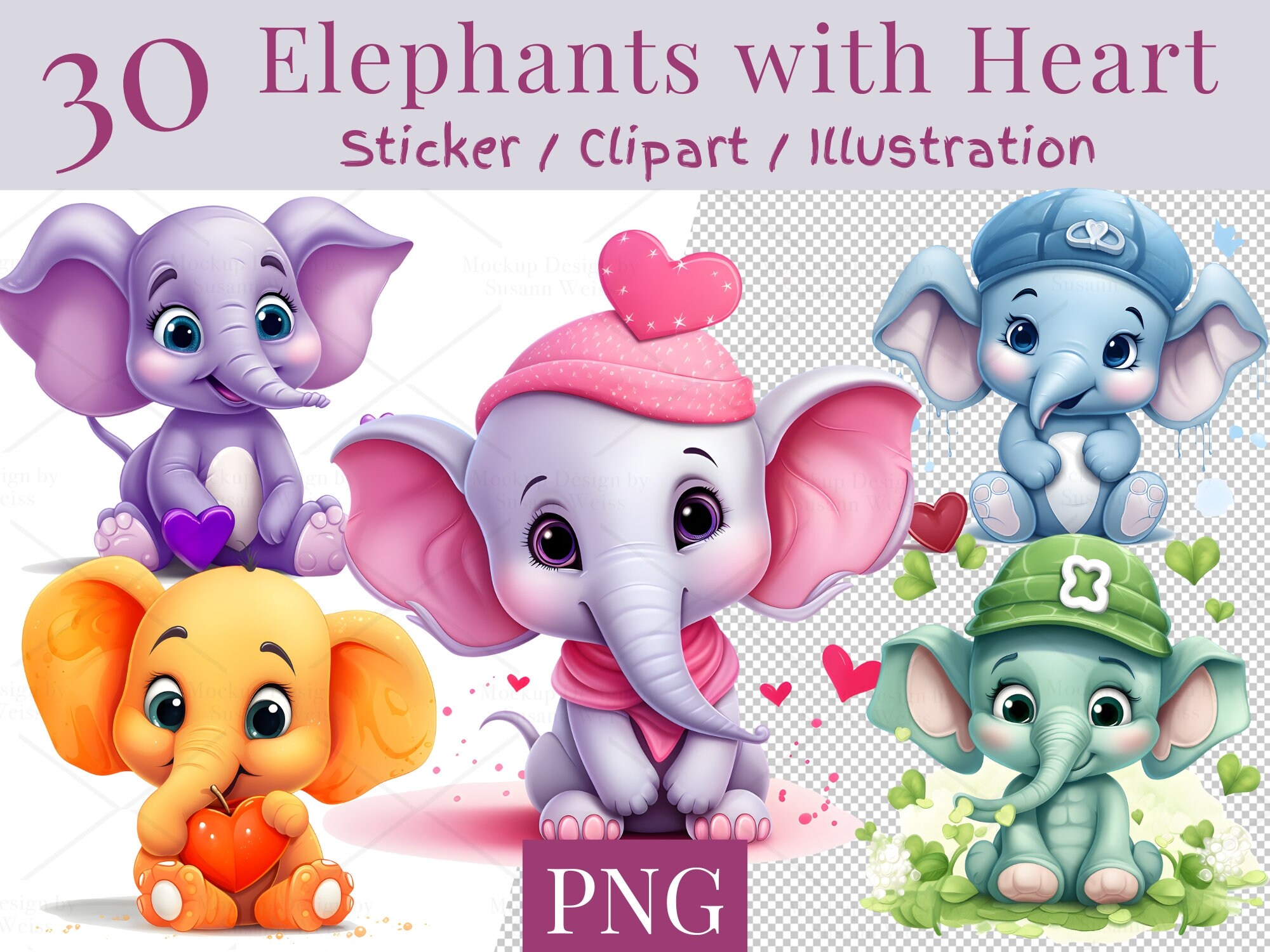30 Digital Cute Elephant Clip Art Set, Cute Elephant Sticker, Cute ...