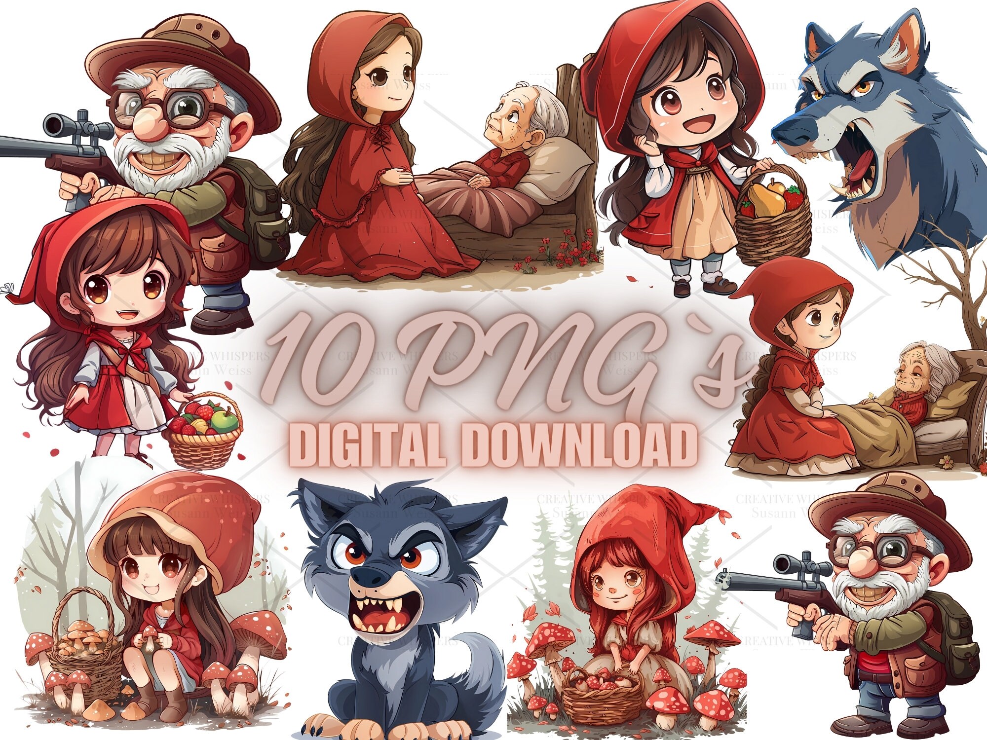 Cute Little Red Fairy Tale Figures, Clipart Bundle 10 High Quality Pngs ...