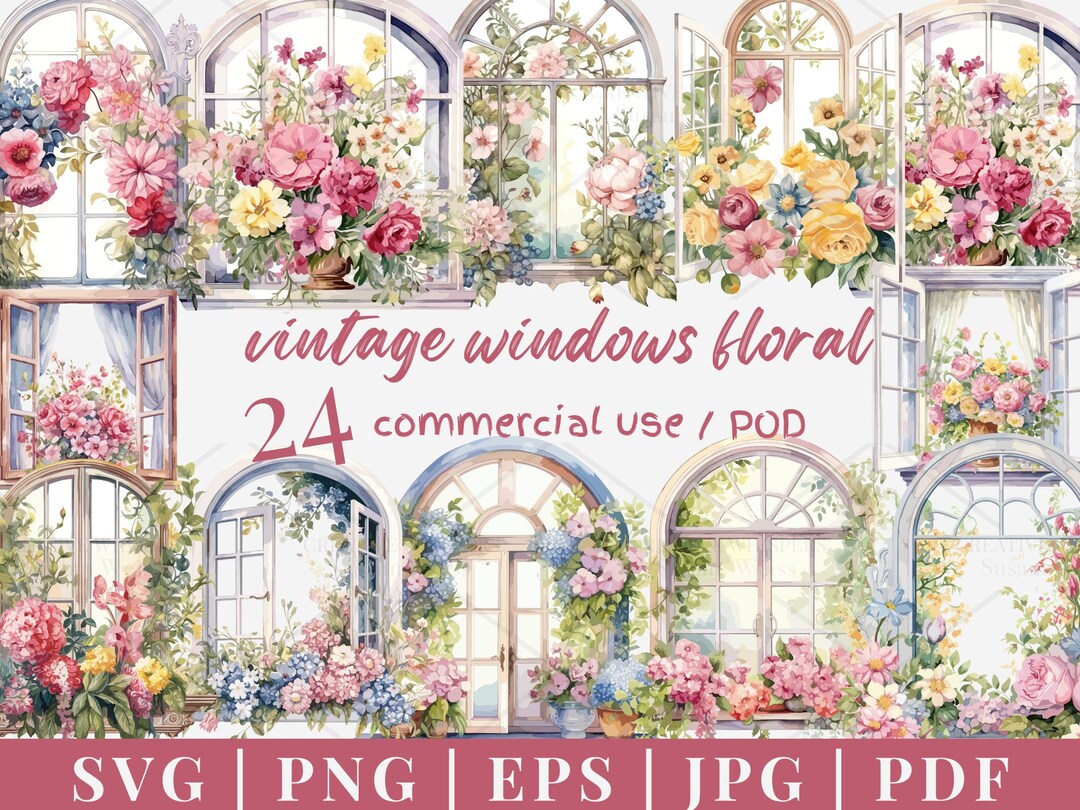 24 Watercolor Vintage Window Floral, SVG, PNG, Commercial Use, Clipart ...
