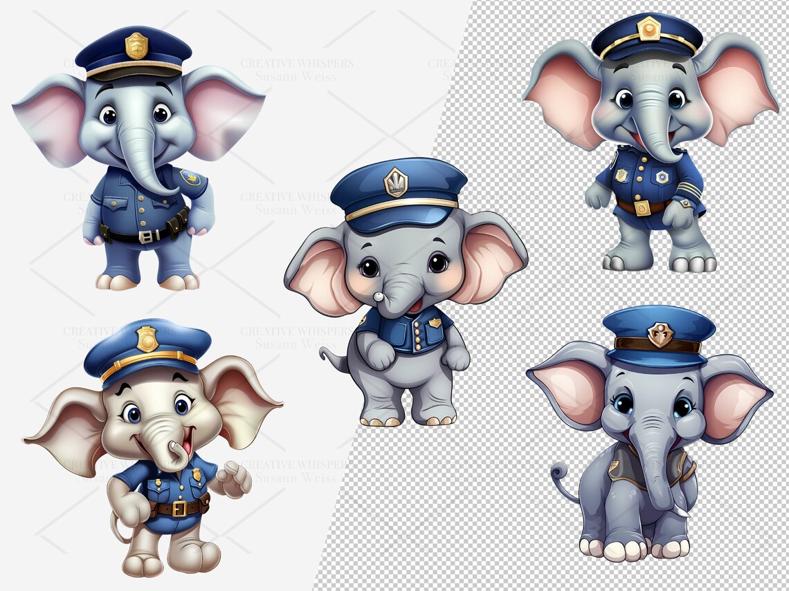 20 Police Elephant Clipart Set – Cute Officer Elephants in Uniform ...