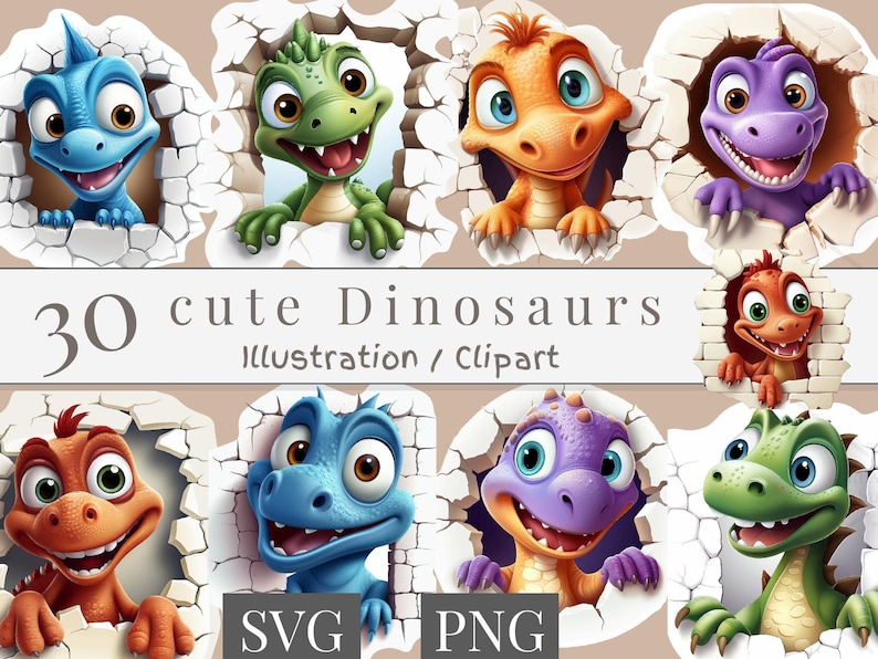 30 Digital Cute Dinosaurs Sticker SVG PNG Clipart Set - Etsy
