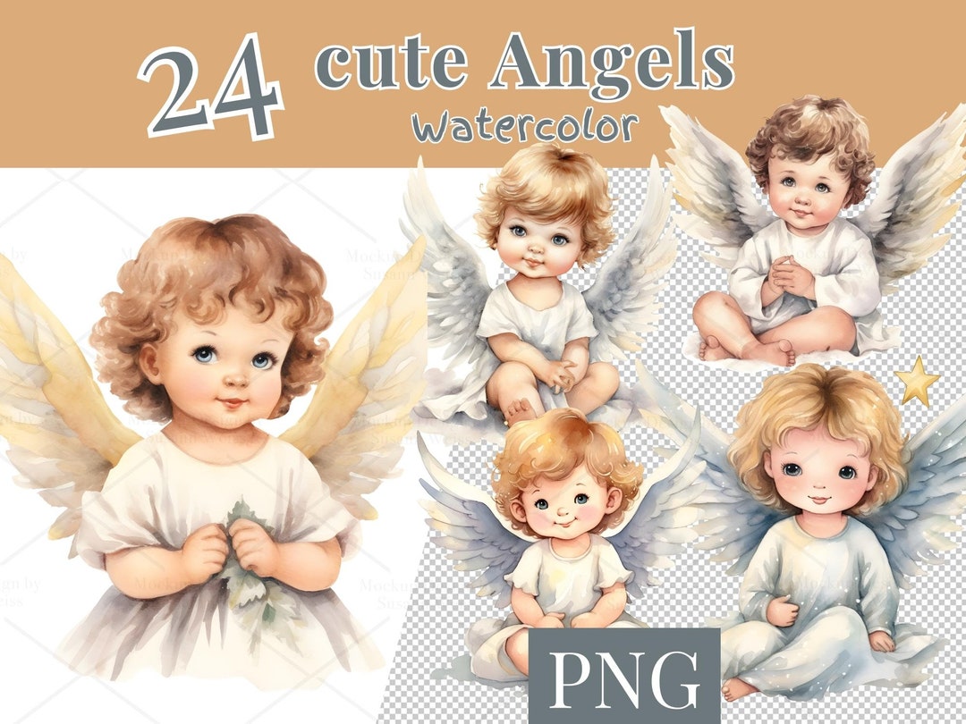 Digital Set of 24 Watercolor Cute Baby Angels PNG, Sticker Clipart Cute Baby Angels, Sublimation ...