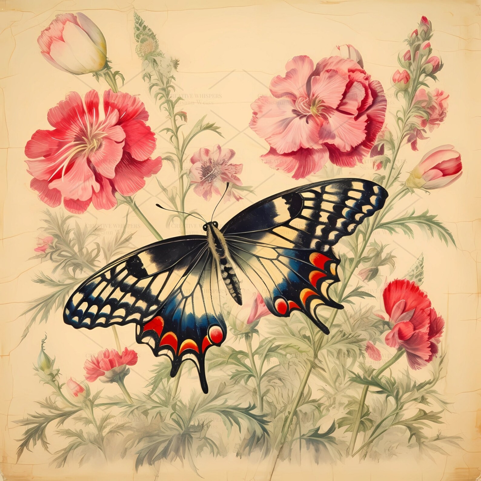 Butterfly and Flowers Vintage Watercolor Clipart Bundle 10 High Quality ...
