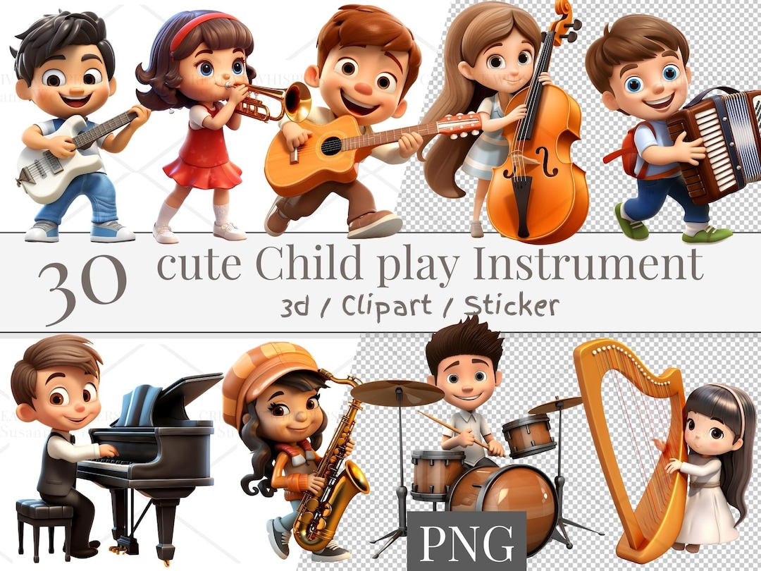 Child Playing Instrument Clipart Set: 3D Musical Kids (digital Download ...