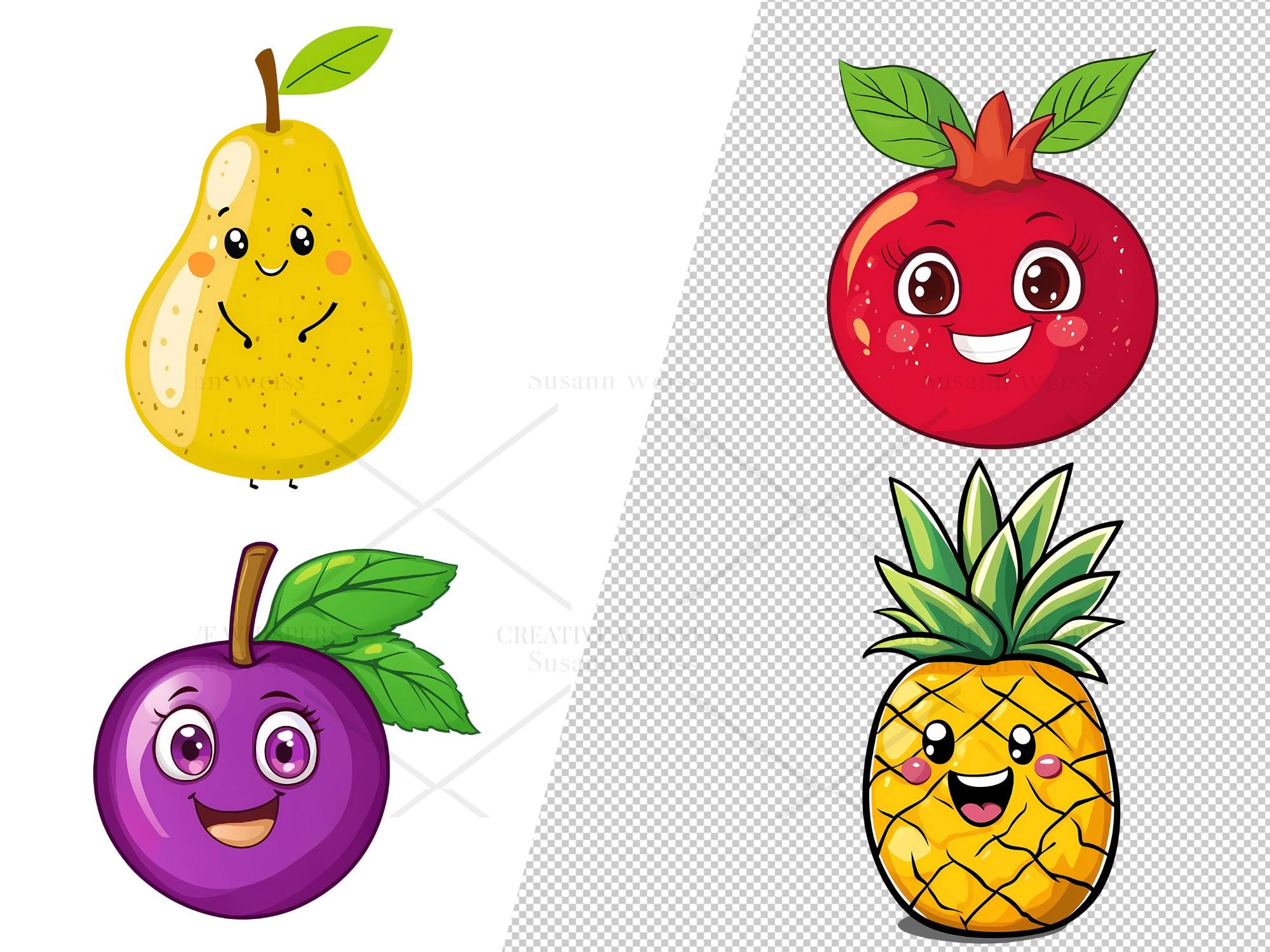 Cute Funny Fruits Cartoon Sticker, Clipart Bundle 28 High Quality Pngs ...