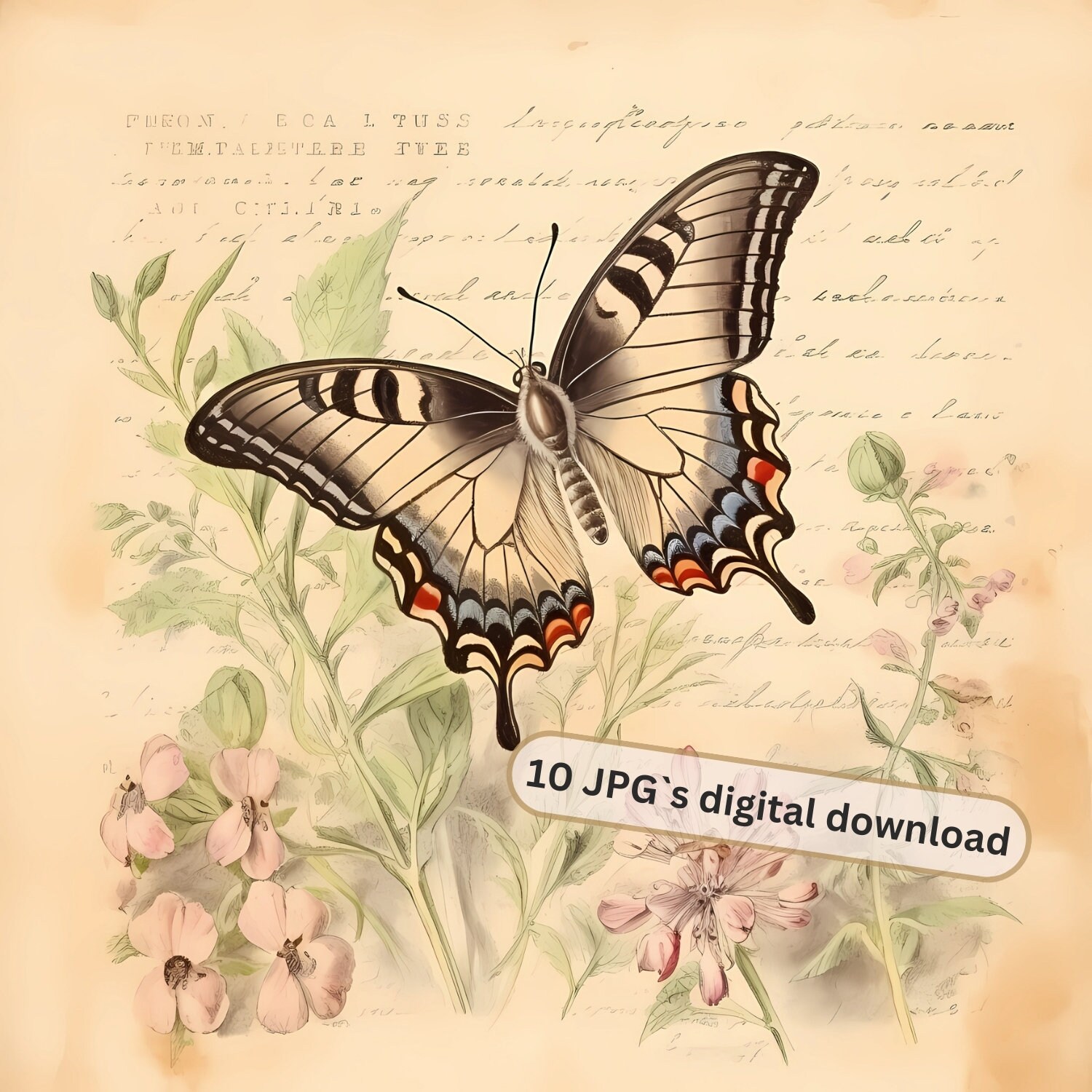 Butterfly and Flowers Vintage Watercolor Clipart Bundle 10 High Quality ...