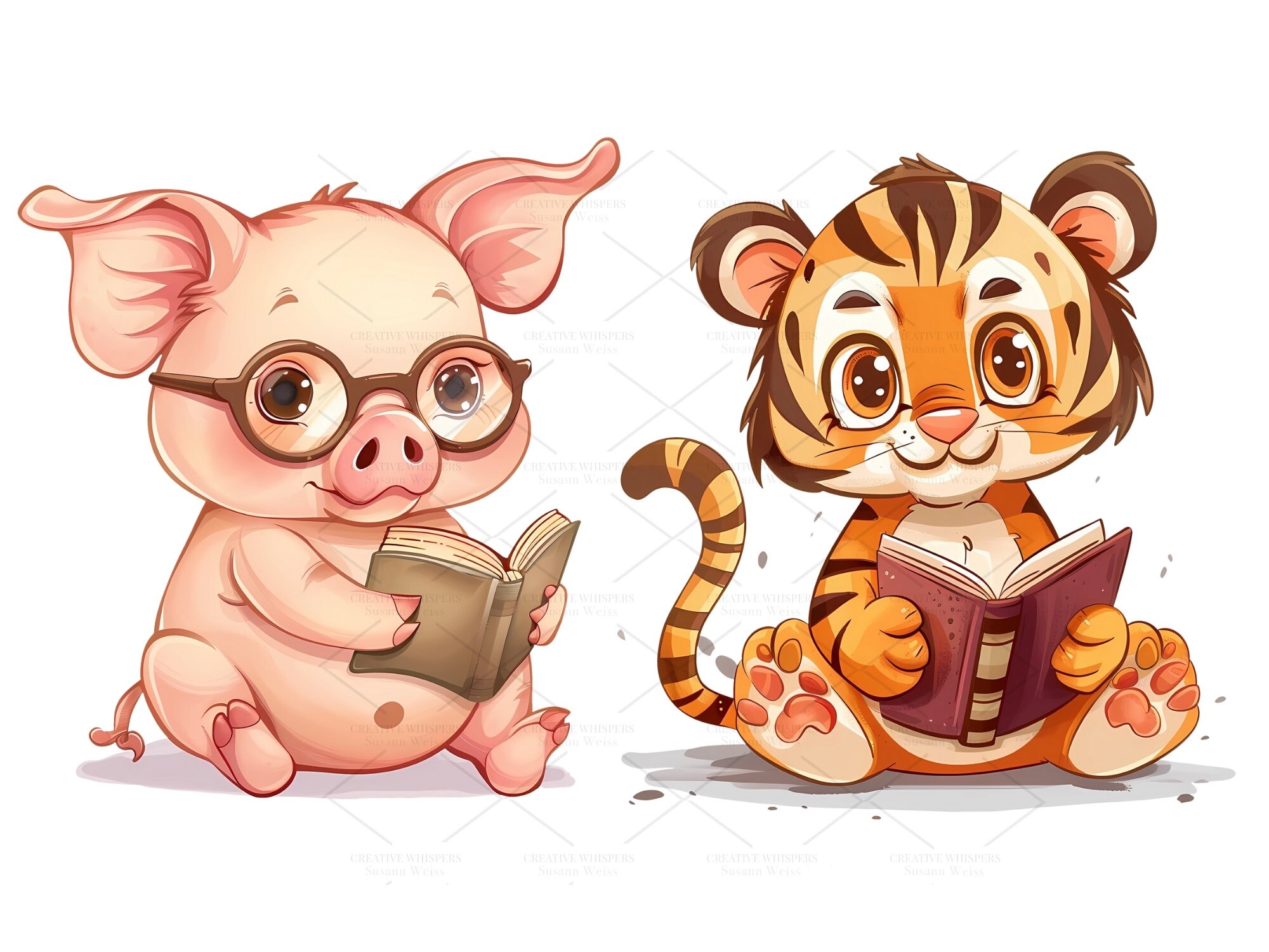 Cute Animal With Book Illustration Clipart Bundle 10 High Quality Pngs ...