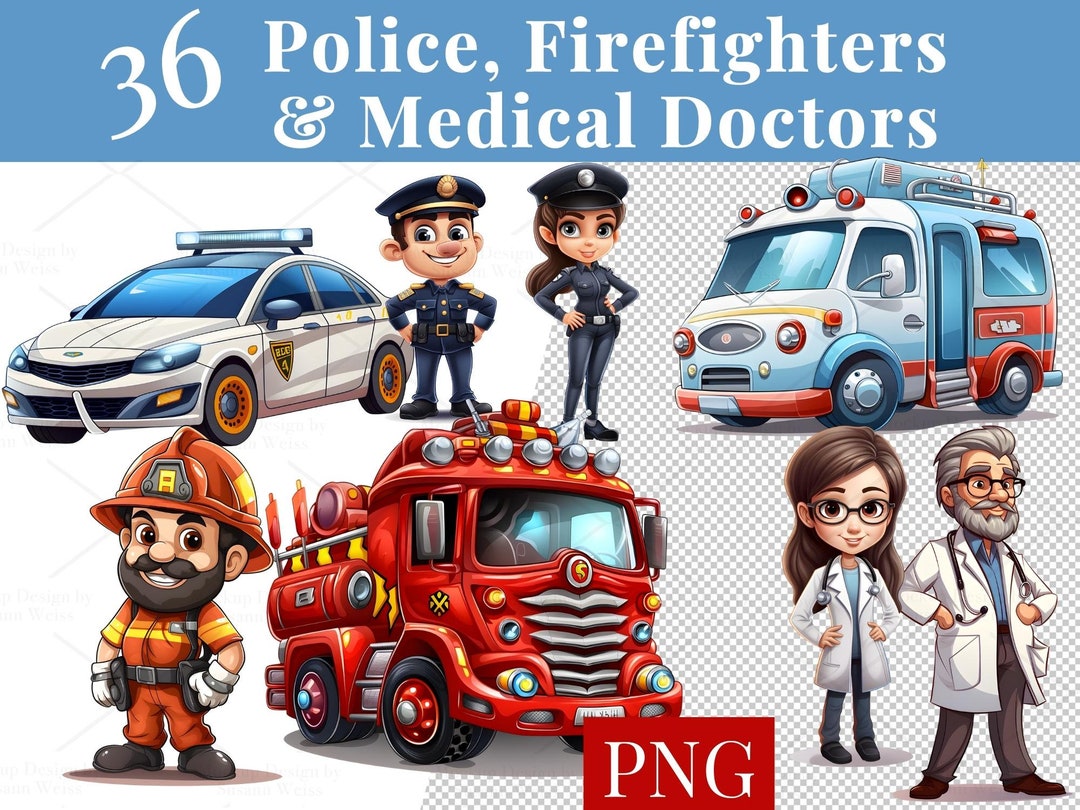Job Clipart Set: Police, Firefighters, Doctors (PNG Digital Download ...