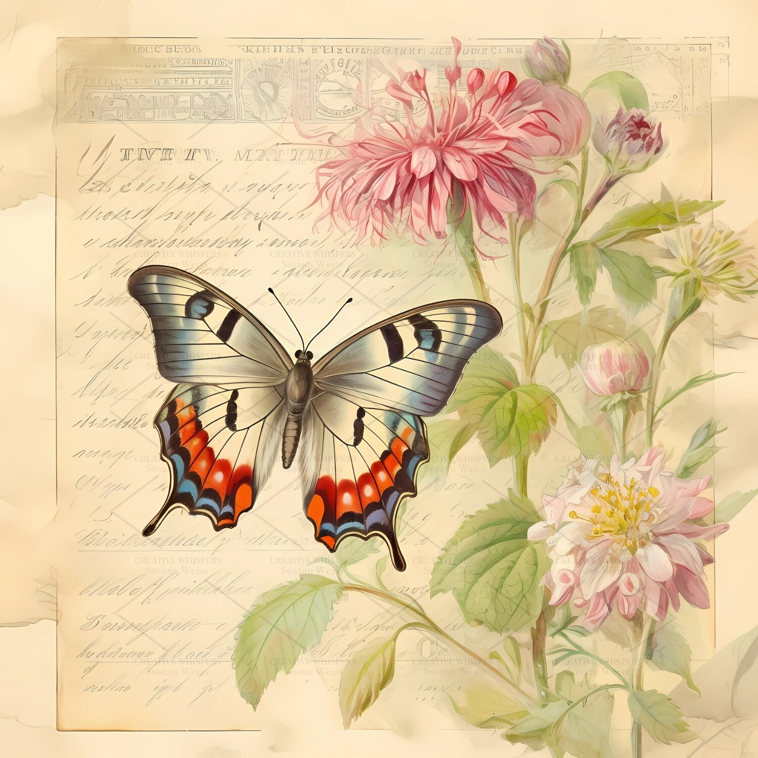 Butterfly and Flowers Vintage Watercolor Clipart Bundle 10 High Quality ...