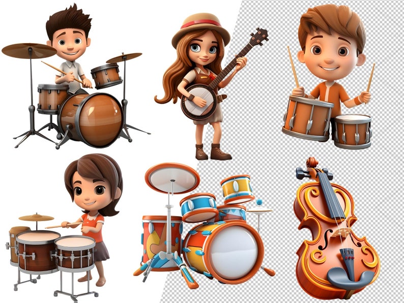 Child Playing Instrument Clipart Set: 3D Musical Kids (digital Download ...