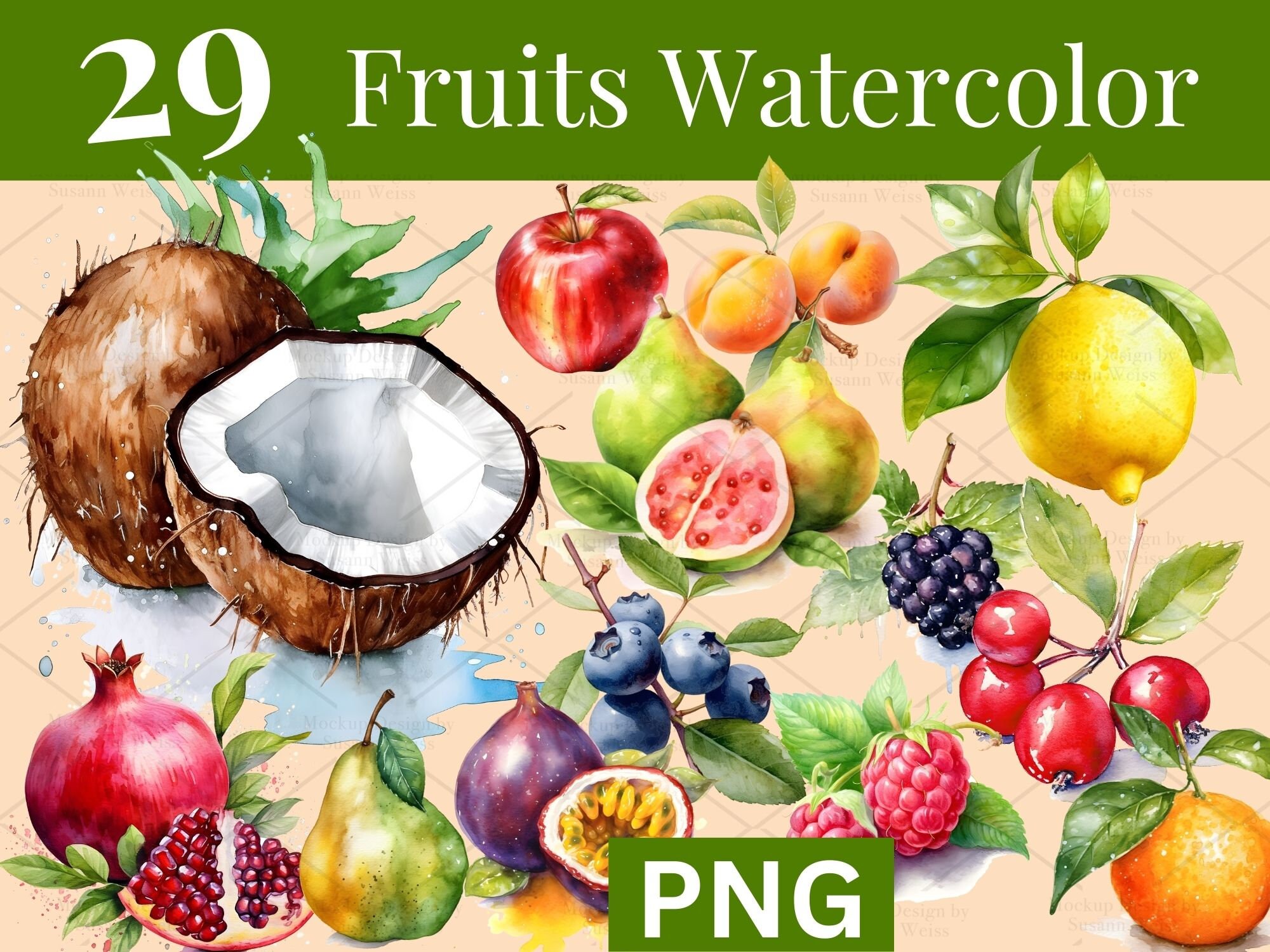 Digital Set of 29 Watercolor Fruits PNG Watercolor Fruits Set Healthy ...