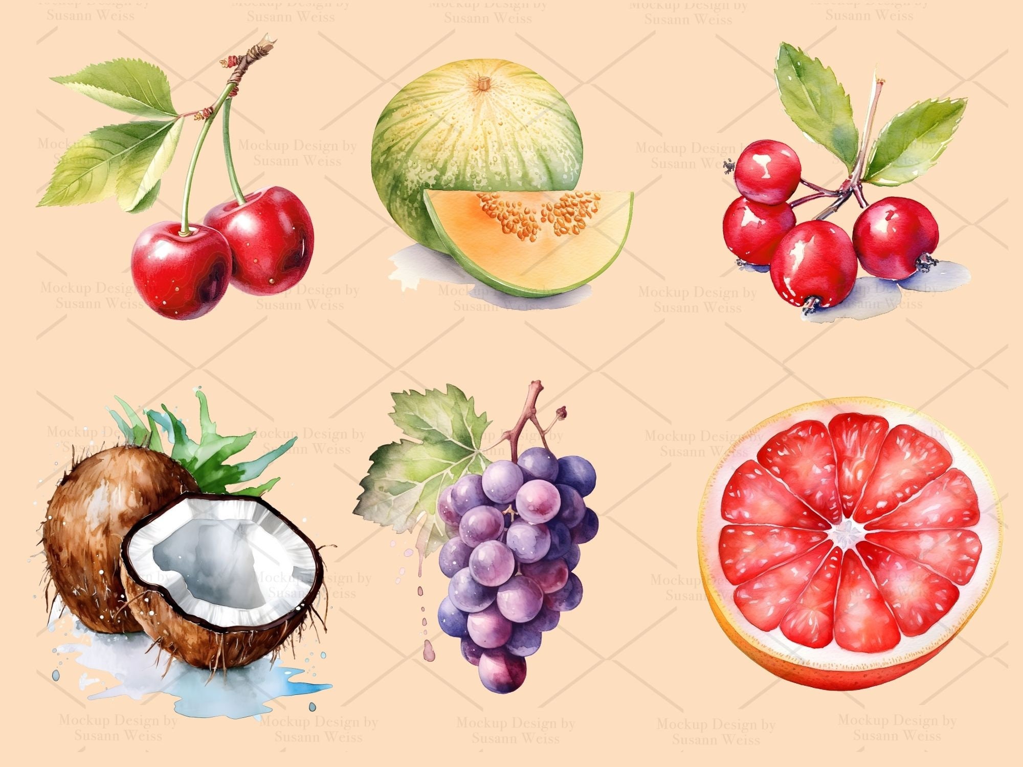 Digital Set of 29 Watercolor Fruits PNG Watercolor Fruits Set Healthy ...