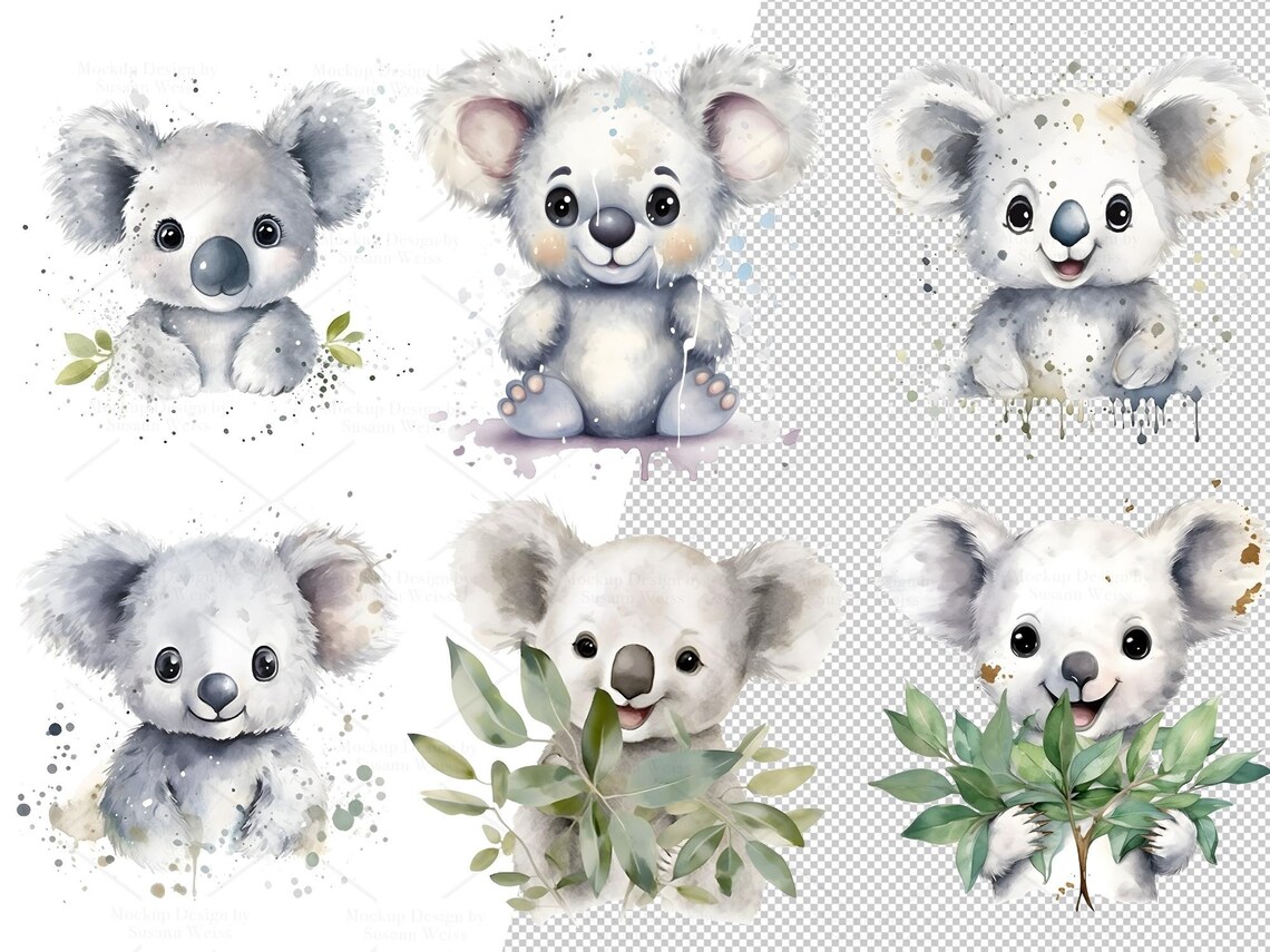Digital Set of 24 Watercolor Cute Koala PNG, Sticker Clipart Cute Koala ...