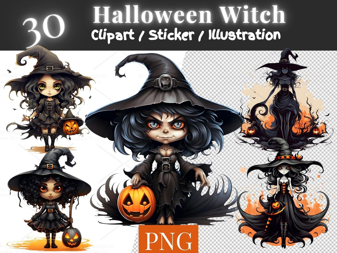 Halloween Witch Clipart: Spooky Gothic PNG Stickers (digital Download ...