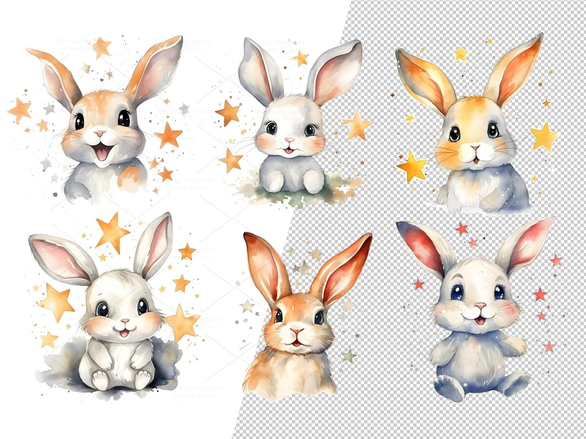 Digital Set of 24 Watercolor Cute Rabbit PNG, Sticker Clipart Cute ...