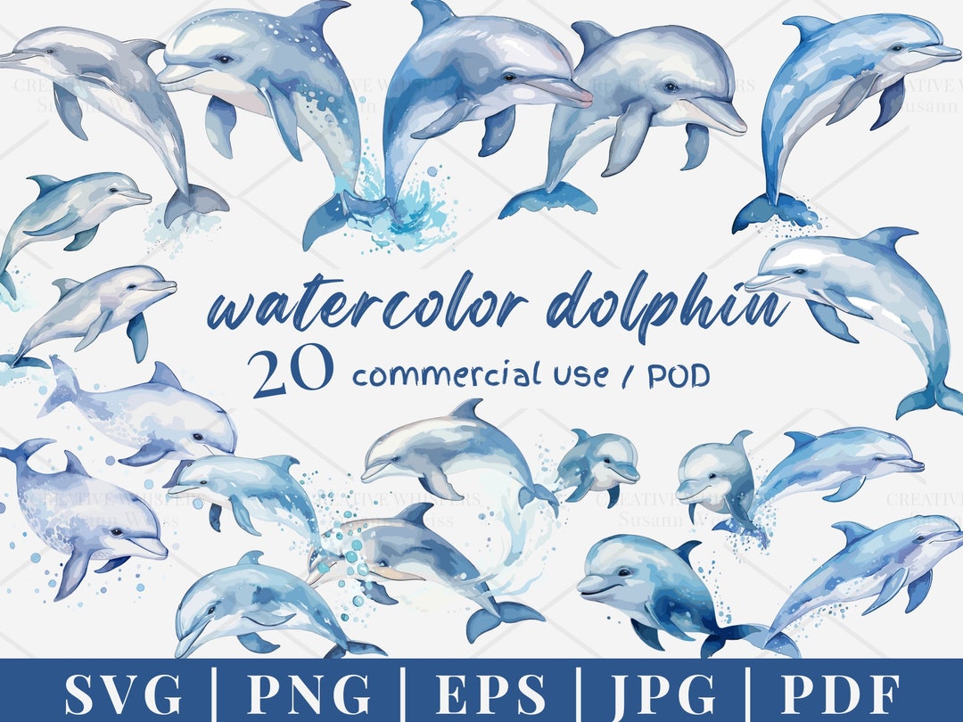 20 Watercolor Dolphin Clipart Bundle for POD Commercial Use | Cute ...
