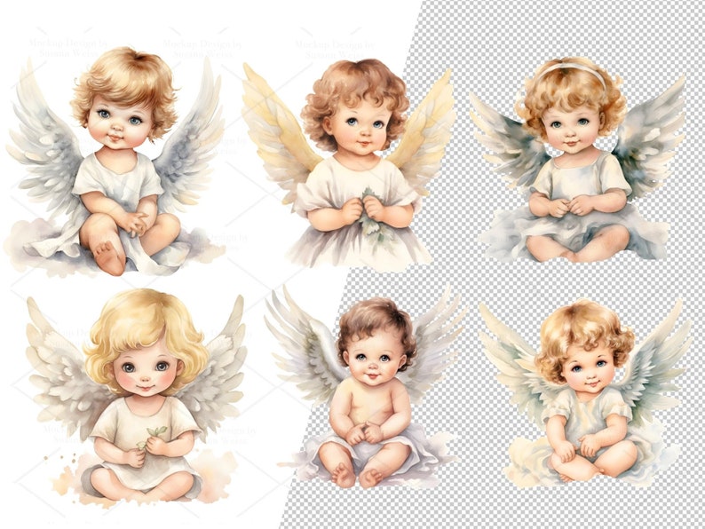 Digital Set of 24 Watercolor Cute Baby Angels PNG, Sticker Clipart Cute ...
