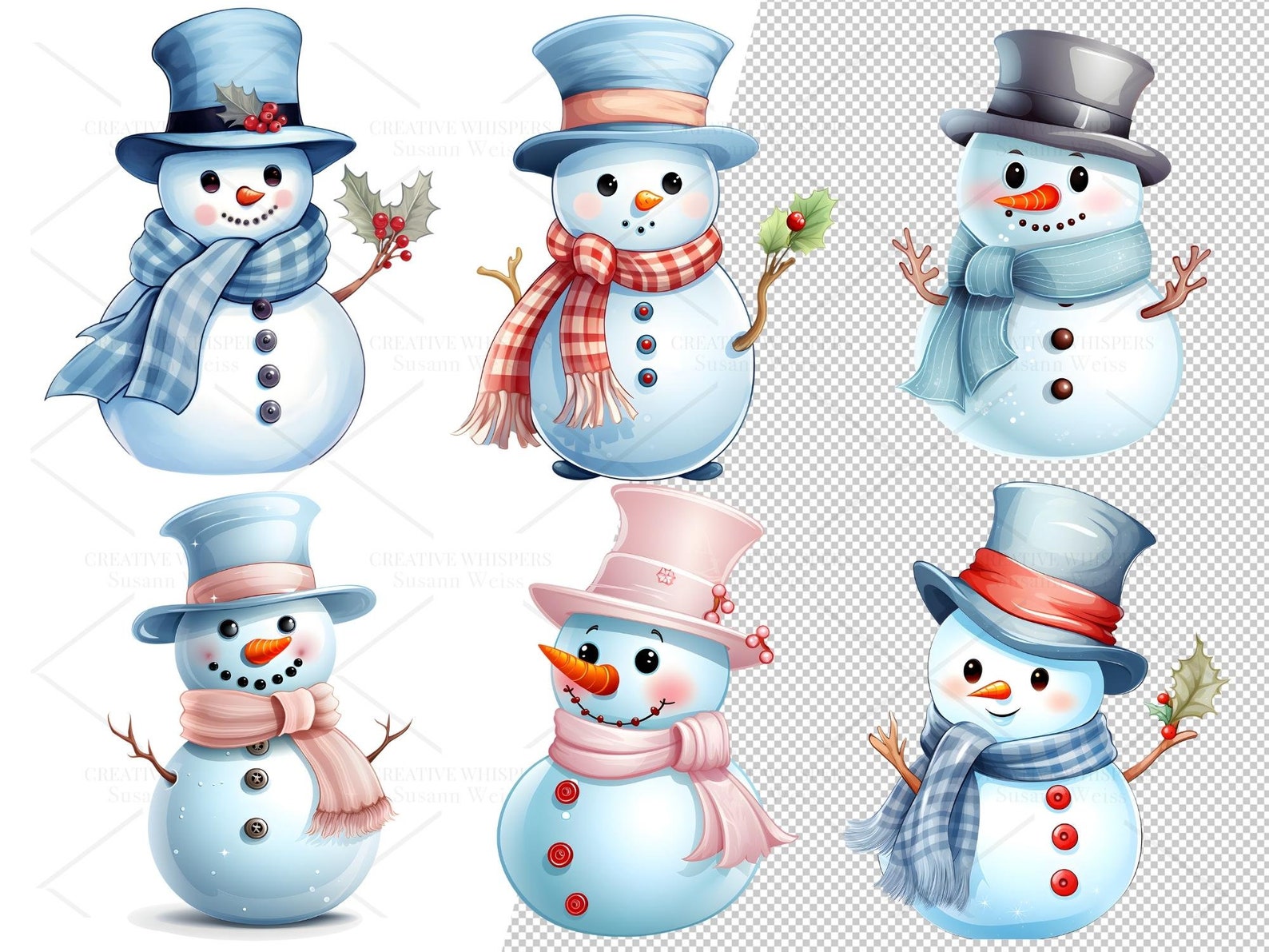 Digital Set of 24 Watercolor Cute Snowman PNG, Sticker Clipart Cute ...