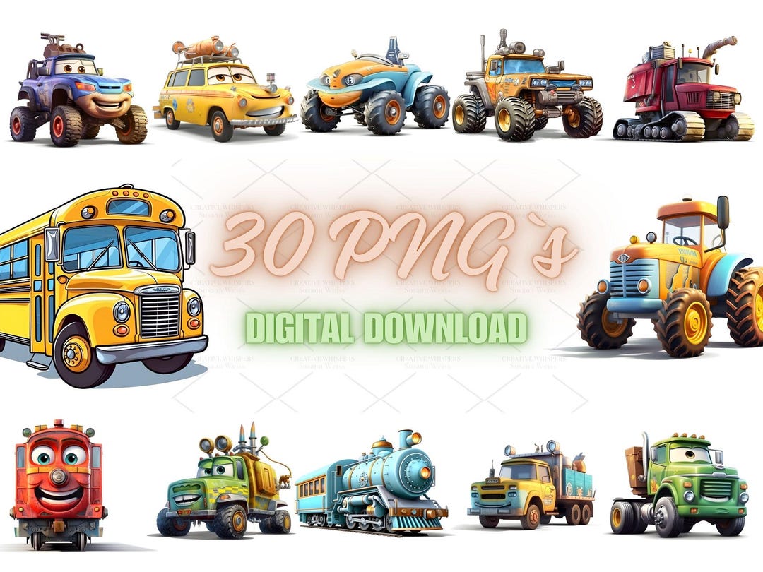 30 Cartoon Vehicle PNG | Cute Car, Truck, Train & Tractor Clipart ...