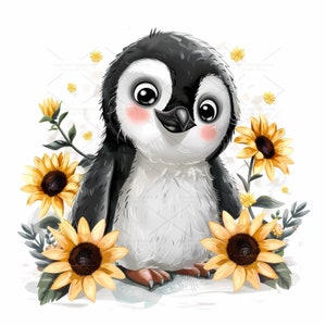 Cute Penguin With Flowers Watercolor Clipart Bundle- 10 High Quality ...