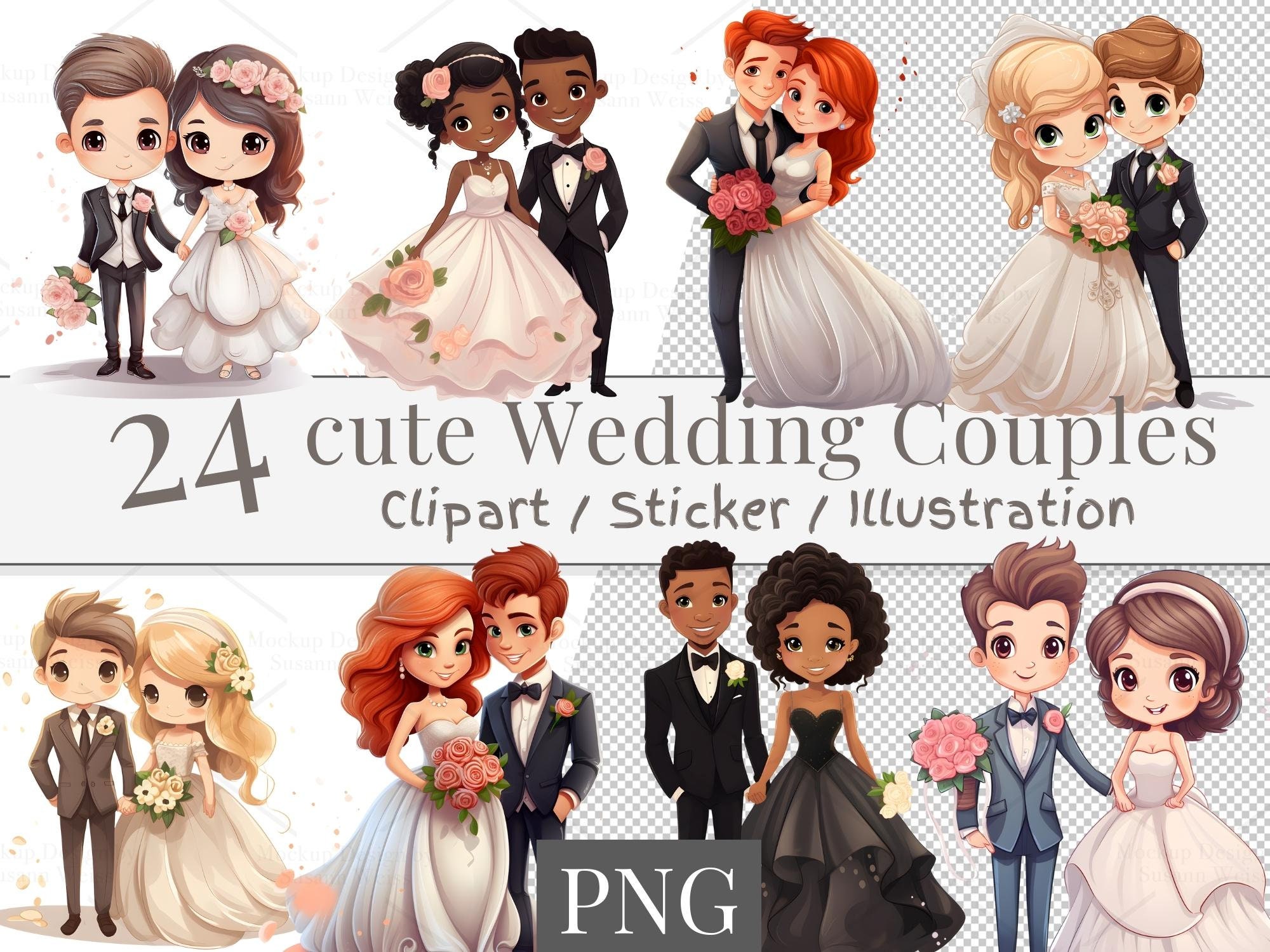 24 Cute Wedding Couple Clipart Set, Wedding Couple Sticker, Sublimation ...