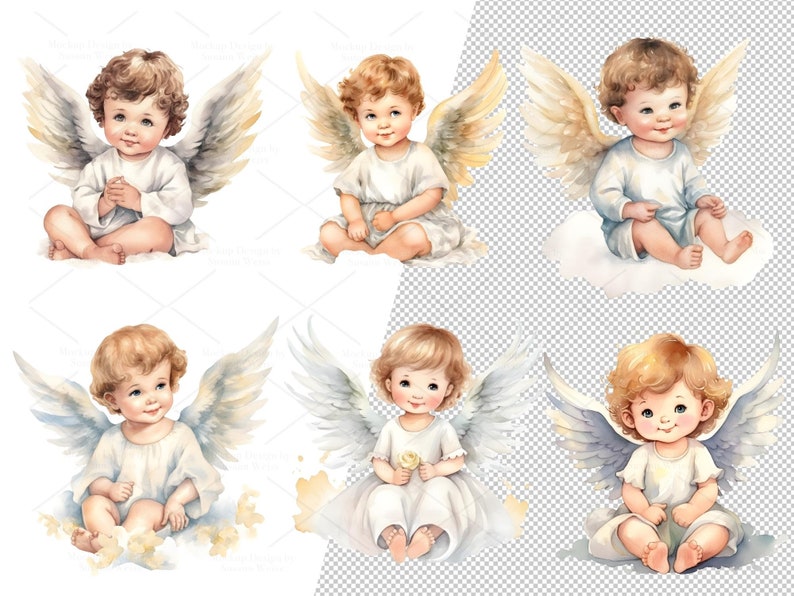 Digital Set of 24 Watercolor Cute Baby Angels PNG, Sticker Clipart Cute Baby Angels, Sublimation ...