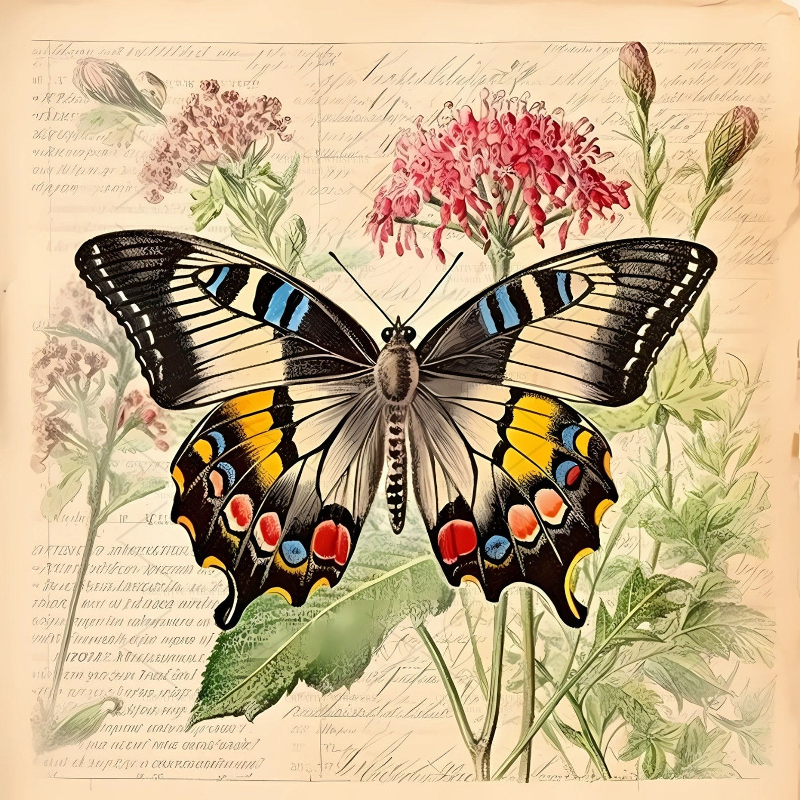 Butterfly and Flowers Vintage Watercolor Clipart Bundle 10 High Quality ...